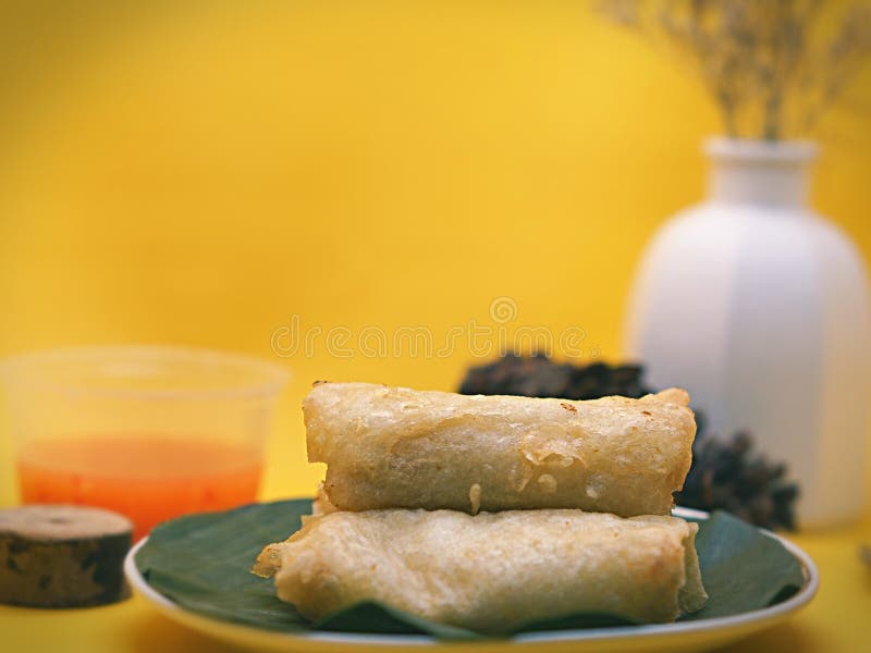 Crispy Spring Rolls Served on Green Leaf Stock Photo - Image of dessert ...