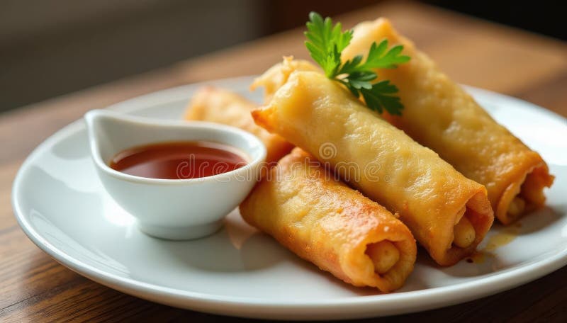 Crispy Spring Rolls, Soy Sauce, Garnish, White Plate, Spring Rolls, Soy ...