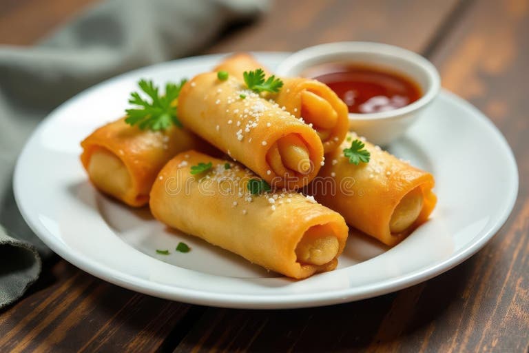 Crispy Spring Rolls on White Plate, Garnish, Sauce , Pork, Image, Sauce ...