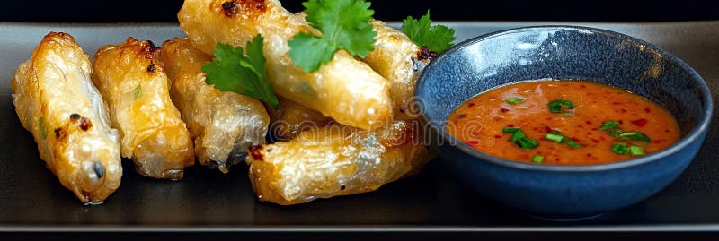 Crispy Thai Spring Rolls Elegantly Presented with Rich Dipping Sauce ...