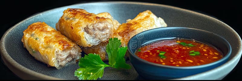 Crispy Thai Spring Rolls Presented Elegantly with Vibrant Dipping Sauce ...