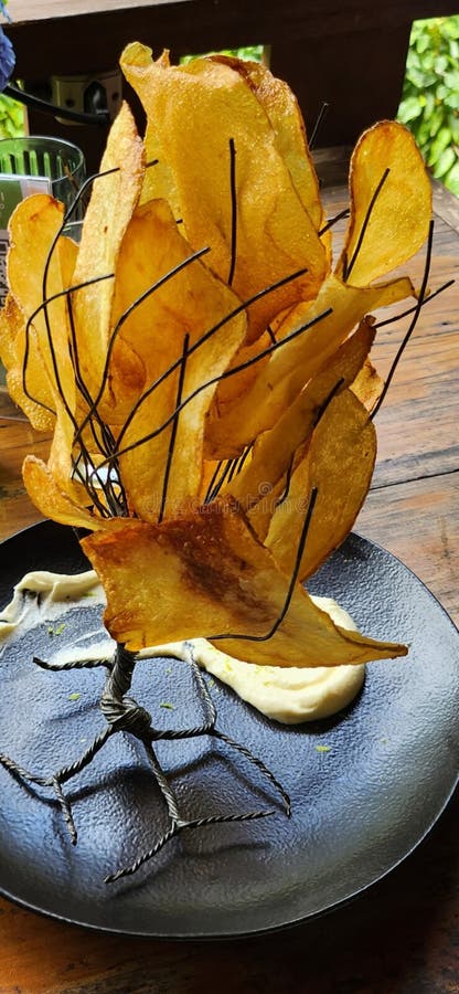 Crispy Thin French Fries Served in Tree Shape with Cream Sauce Stock ...