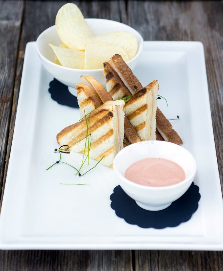Crispy Toast with American Sauce and Chips Stock Photo - Image of club ...