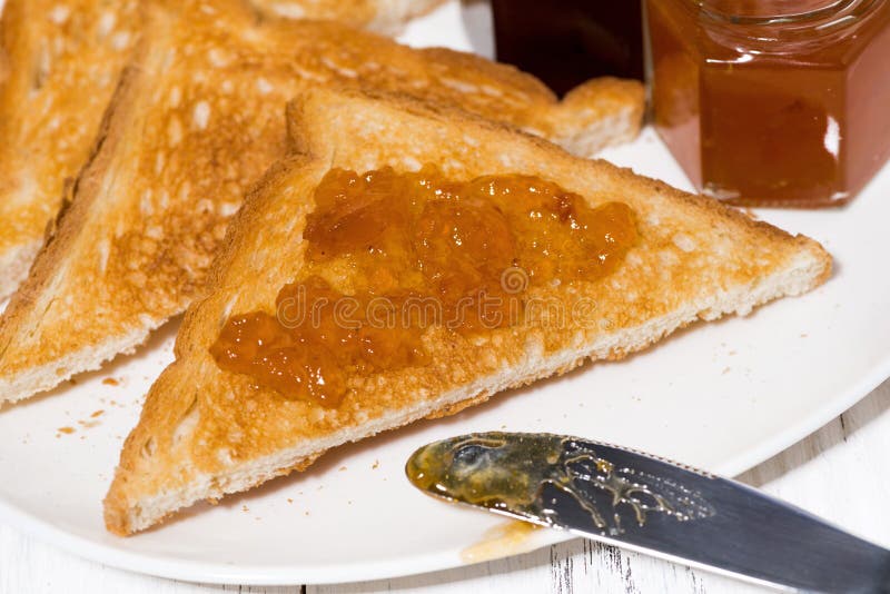 Crispy Toast with Jam for Breakfast, Closeup Stock Photo - Image of ...