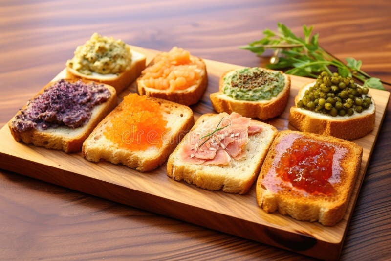 Crispy Toast with Various Spreads on a Wooden Board Stock Illustration ...