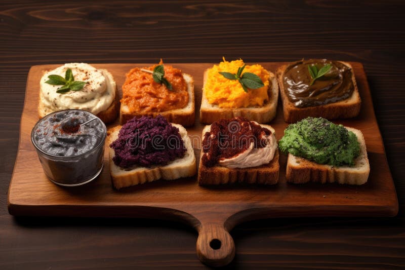 Crispy Toast with Various Spreads on a Wooden Board Stock Illustration ...