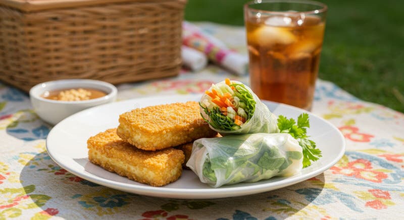 Crispy Tofu and Fresh Spring Rolls Picnic Lunch Stock Illustration ...
