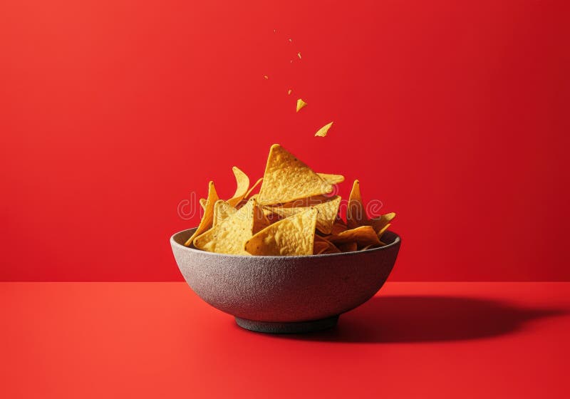 Crispy Tortilla Chips in a Bowl Against a Vibrant Red Background Stock ...