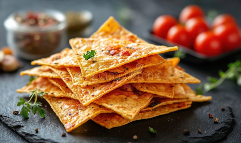 Crispy Tortilla Chips Stacked with Fresh Cherry Tomatoes and Spices ...