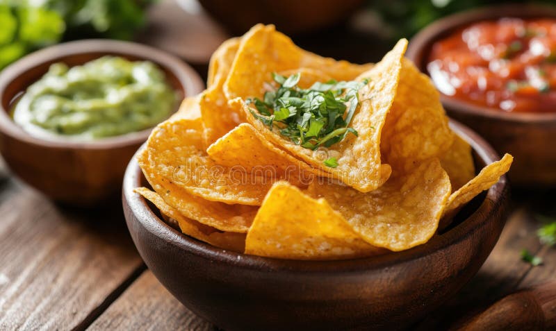 Crispy Tortilla Chips Topped with Fresh Cilantro, Served with Dips ...