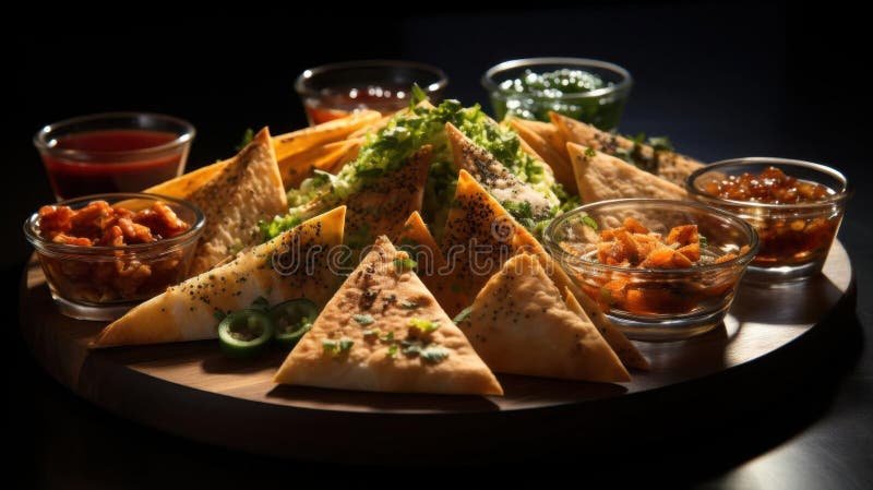 Crispy Triangles with Various Dips on a Wooden Platter Stock ...