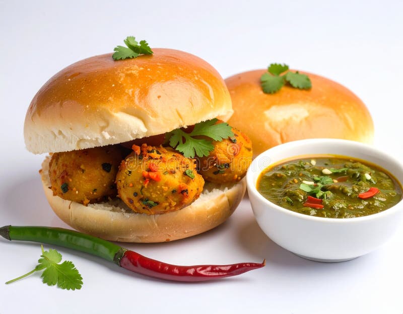 Crispy Vada Pav with Green Chutney Stock Photo - Image of fish, white ...