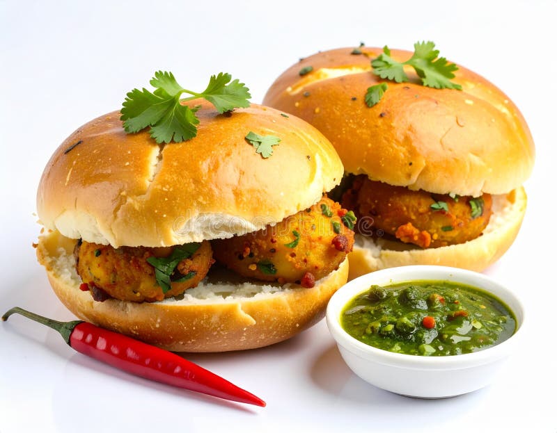 Crispy Vada Pav with Green Chutney Stock Image - Image of overhead ...