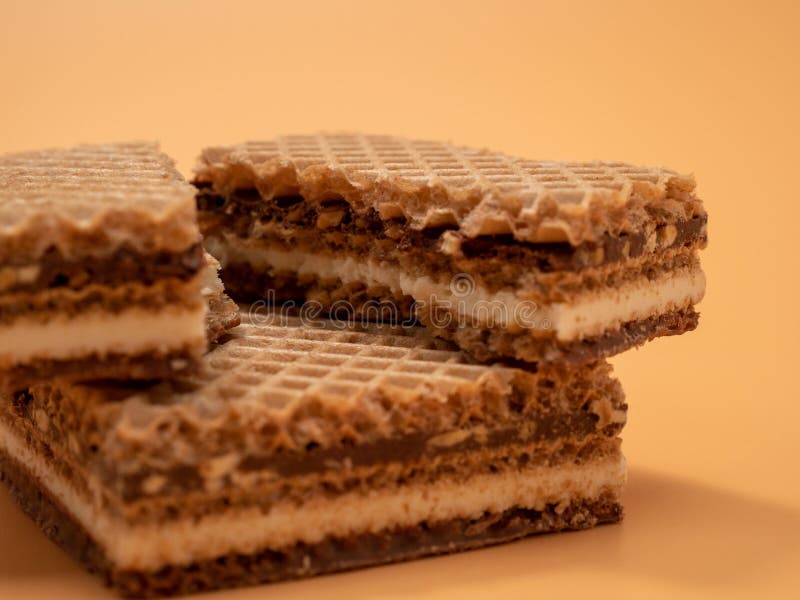Crispy Waffles with Cocoa Cream and Nuts. Wafers with Chocolate and ...