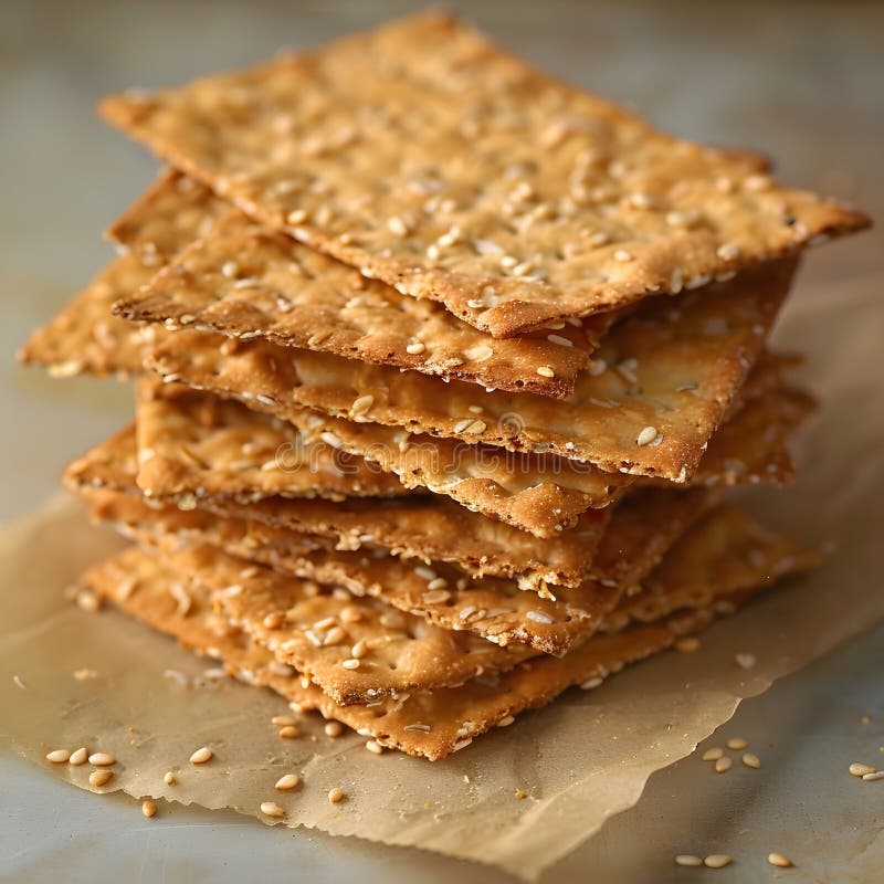 Crispy Whole-Grain Crackers with Sesame Seeds Neatly Stacked on Neutral ...