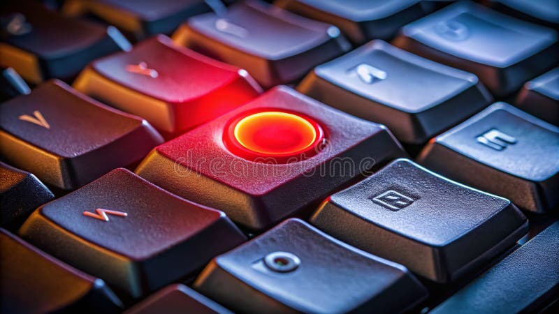 Critical Emergency Stop Button Illuminated Against a Dark Keyboard a ...