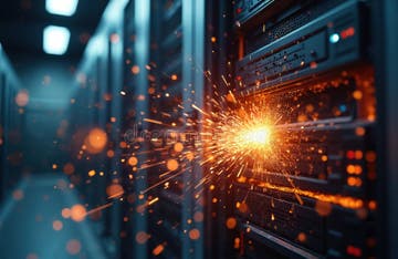 Critical System Failure Illustrated by Sparks Flying from Server Rack ...