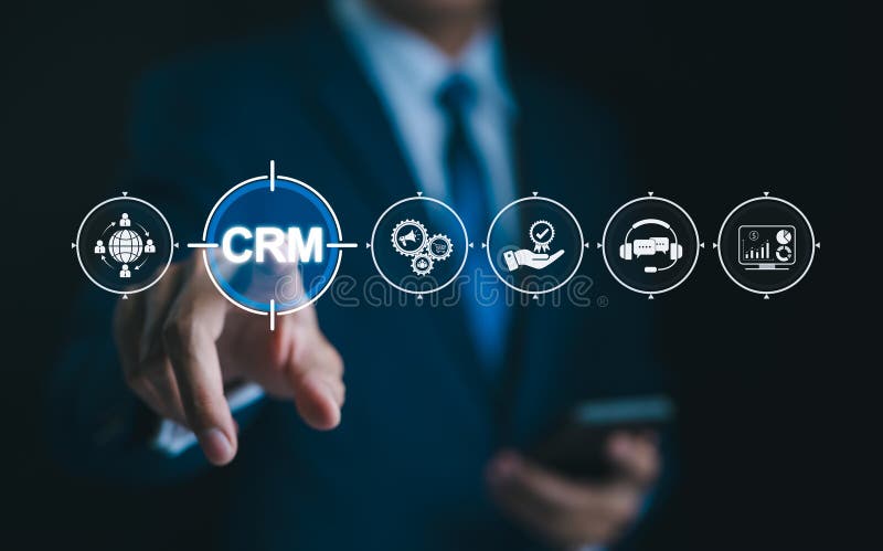 CRM Software for Customer Management. Businessman Touches a Virtual CRM ...