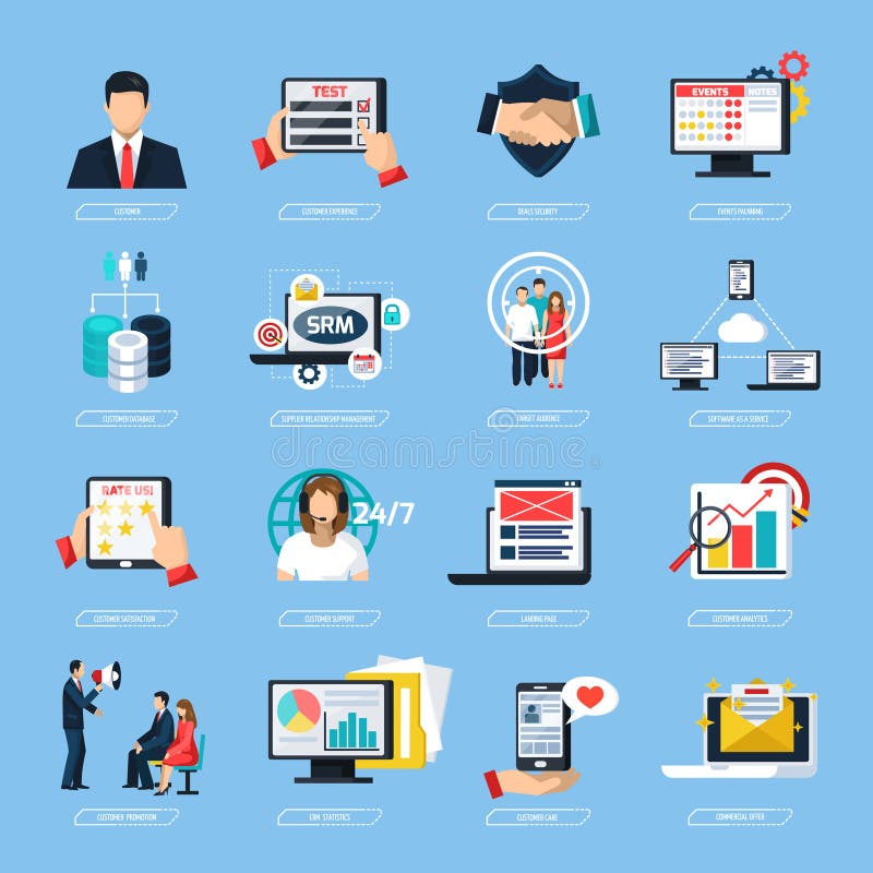 CRM System Flat Icons Set stock vector. Illustration of collection ...