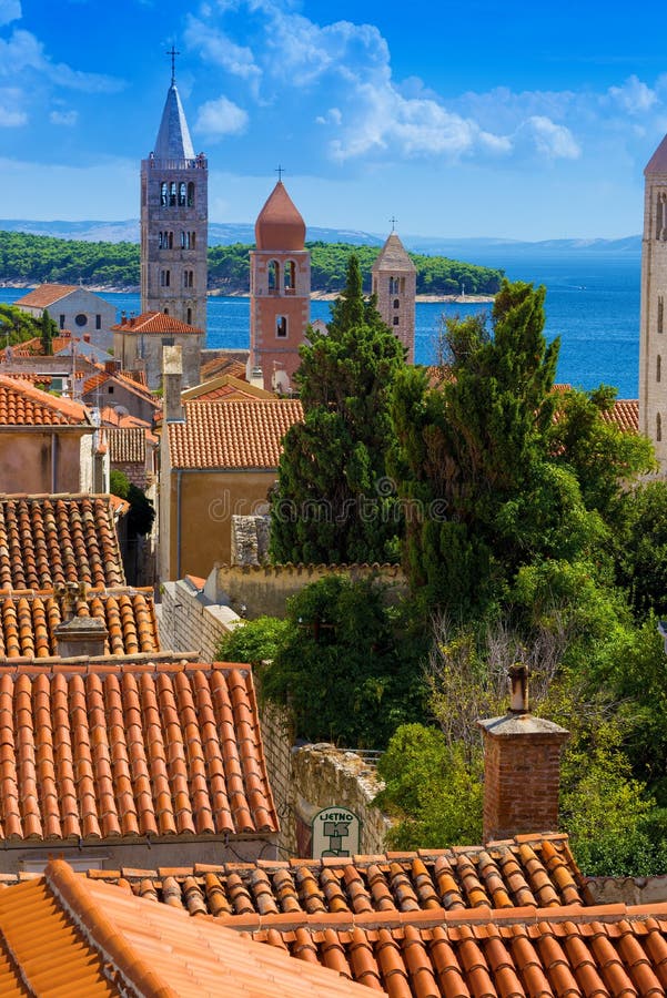 Croatia , Rab City 3 tower editorial stock image. Image of coast - 36524289
