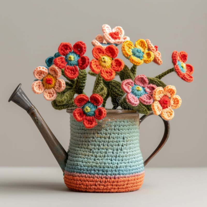 Crochet Colored Flowers in a Watering Bowl Stock Photo - Image of ...