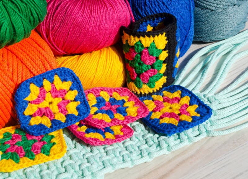 Crochet, Handmade Patterns and Colorful Threads. Colorful Cotton Granny ...