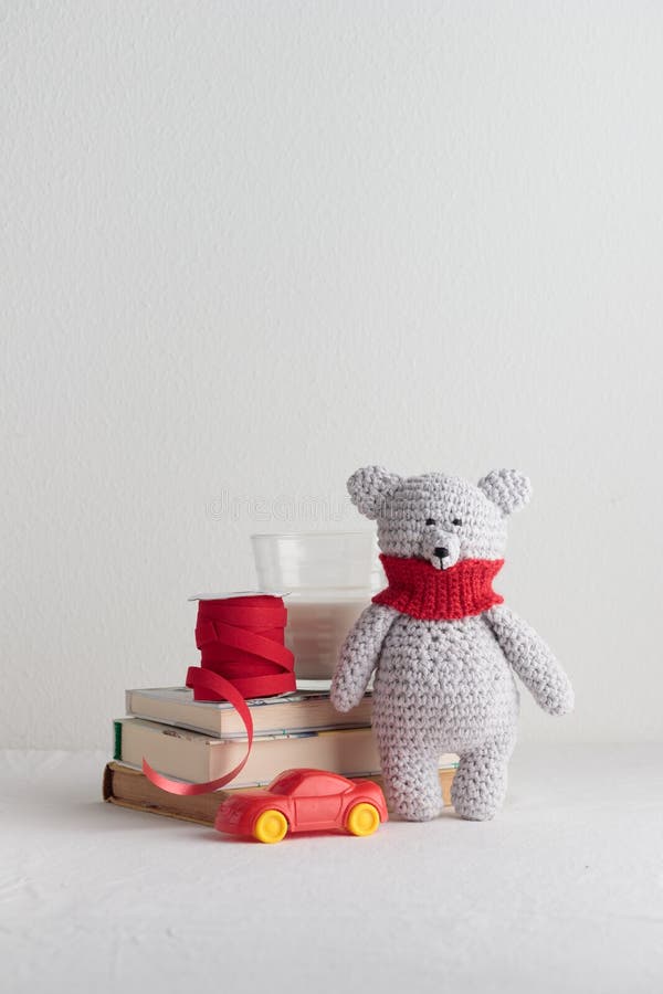 Crochet Knitting Cute Teddy Bear with Books and a Toy Stock Photo ...