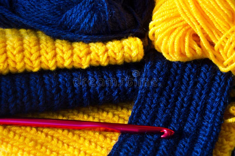 Crochet. Samples of Patterns from Blue and Yellow Yarn Stock Photo ...