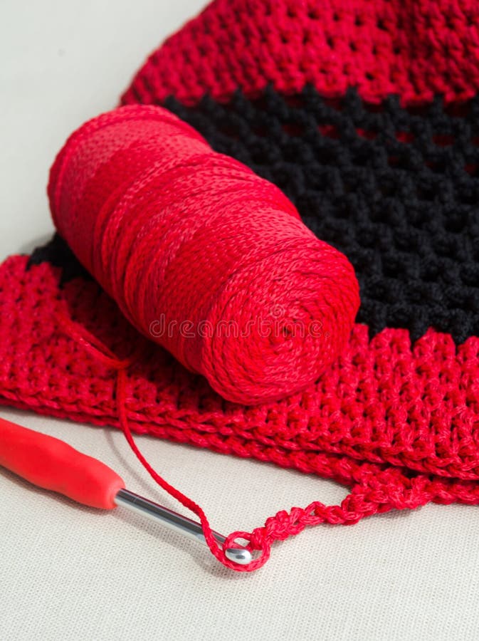 Crochet Texture. Red and Black Polyester Crocheted Cords Stock Photo ...