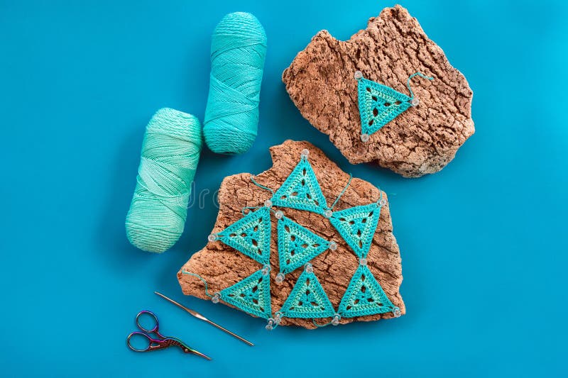 Crochet Triangles are Set Shape on Pieces of Wood and Two Skeins of ...