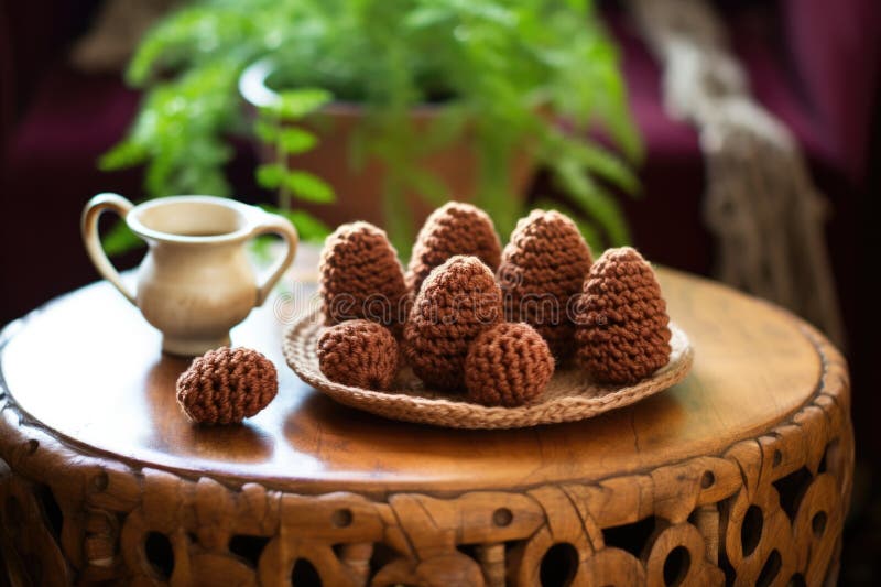 Crocheted Acorn Decorations on a Coffee Table Stock Image - Image of ...