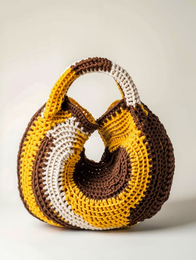 A Crocheted Bag with a Yellow and Brown Design on it Stock Image ...