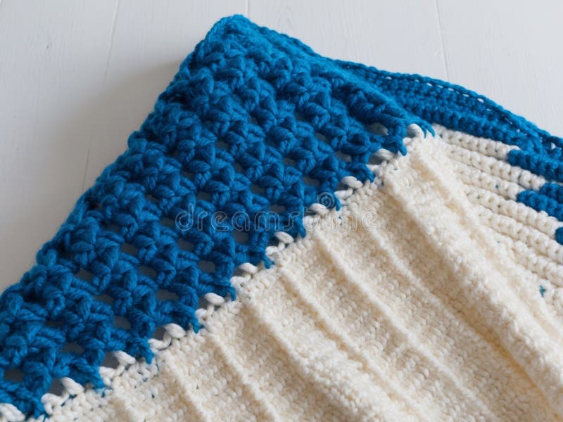 Crocheted Blue and White Blanket Close Up. Stock Photo - Image of ...