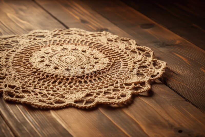 Crocheted Doily on Wooden Surface Texture. Generative AI Stock Image ...