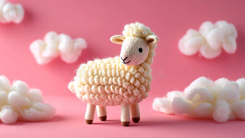 Crocheted Sheep with Fluffy Clouds on Pink Background Stock Video - Video of craft, animal ...