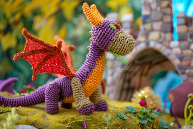 Crocheted Toy Dragon in Fantasy Play Scene Stock Image - Image of ...