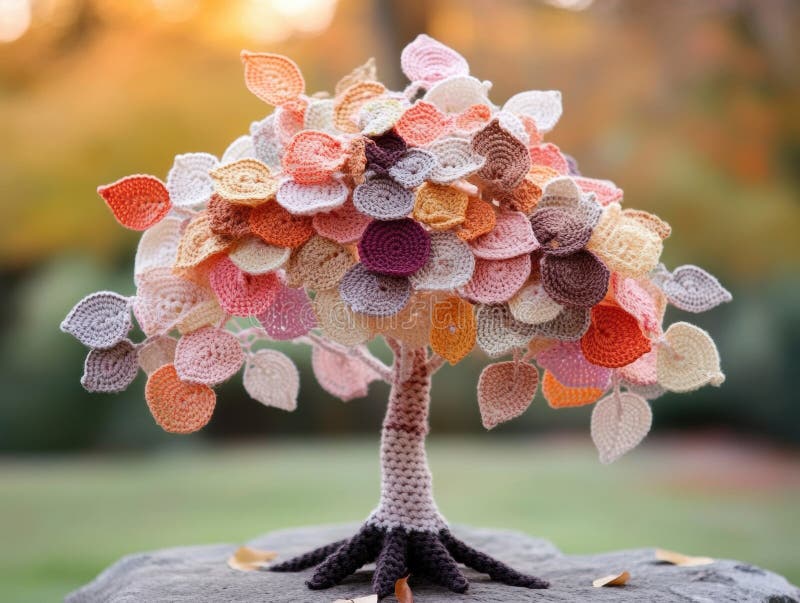 Crocheted Tree with Leaves in Various Colors Stock Illustration ...