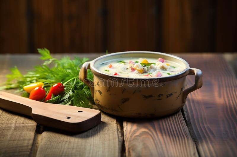 Crock Bowl of Chowder with Handle, on Rustic Wood Stock Photo - Image ...