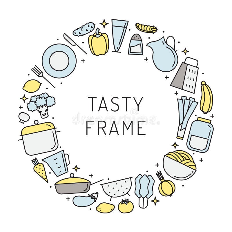 Crockery and Cooking Multicolored Circle Frame Illustration. Simple ...