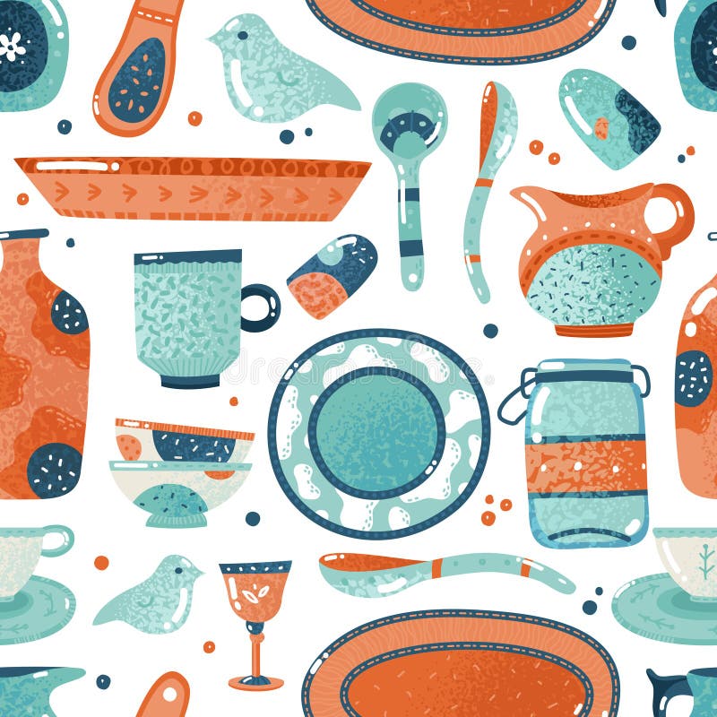 Crockery Seamless Pattern. Home Watercolor Kitchen and Cooking Tableware Bowl Dish Ceramic Cup ...