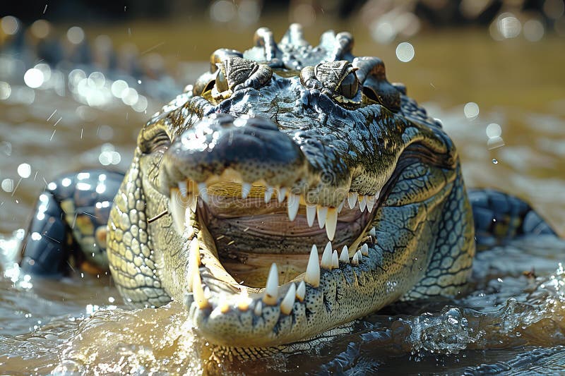 A Crocodile Baring Its Teeth and Eating an Animal in the Water, Stock ...