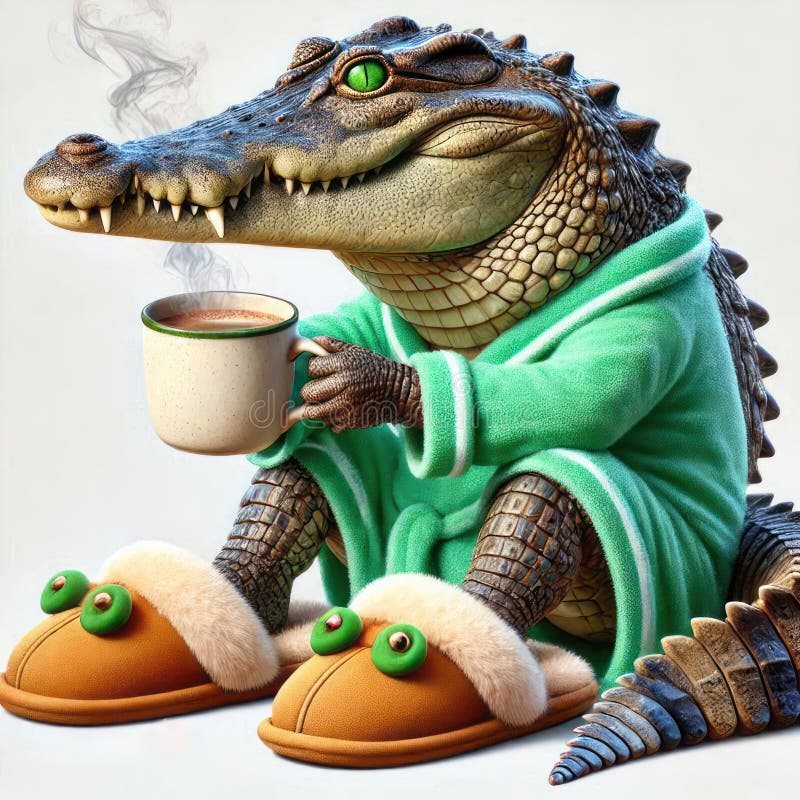 Crocodile in a Bathrobe with a Cup of Tea. Stock Image - Image of green ...