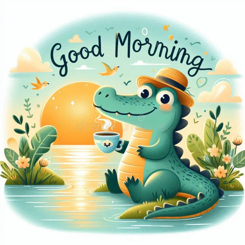 Crocodile Character Wearing a Hat and Drinking Coffee with the Words ...