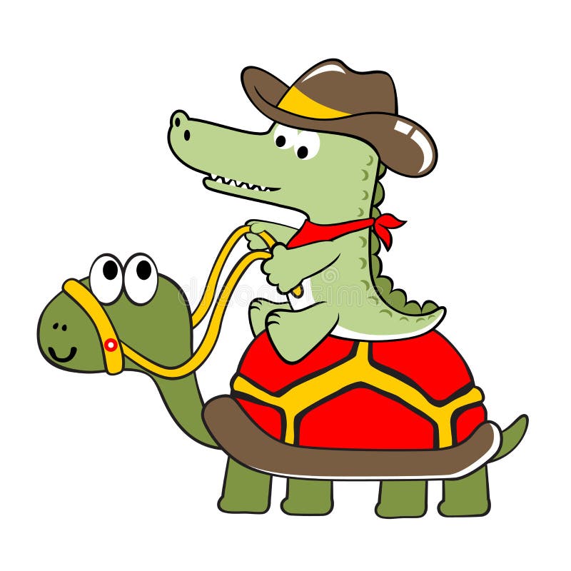 Funny Cartoon, Crocodile Using Cowboy Hat Ride on Turtle Stock Vector ...