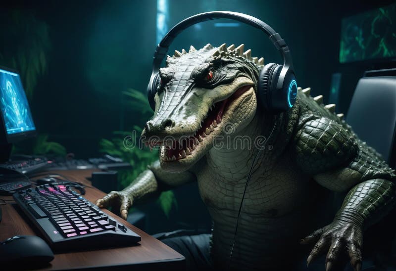 A Crocodile with a Gaming Computer in Gaming Headphones Stock ...