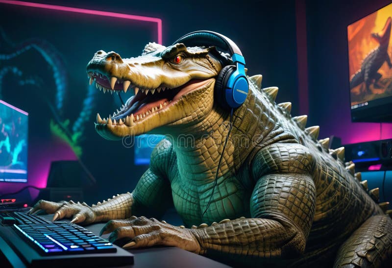 A Crocodile with a Gaming Computer in Gaming Headphones Stock ...