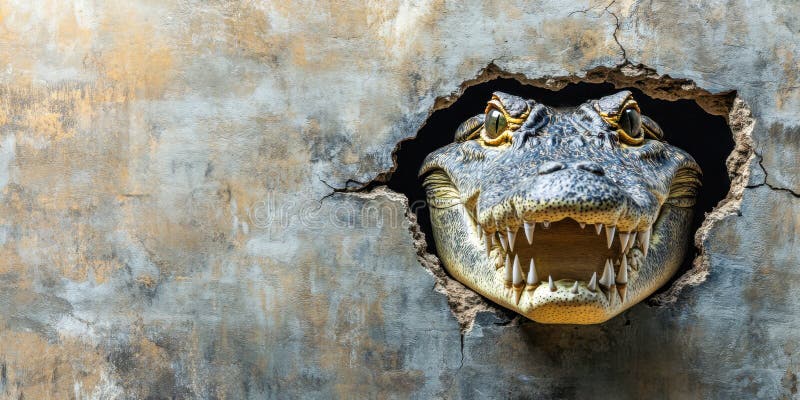 Crocodile Head Emerging through Hole in Concrete Wall, Displaying Sharp ...