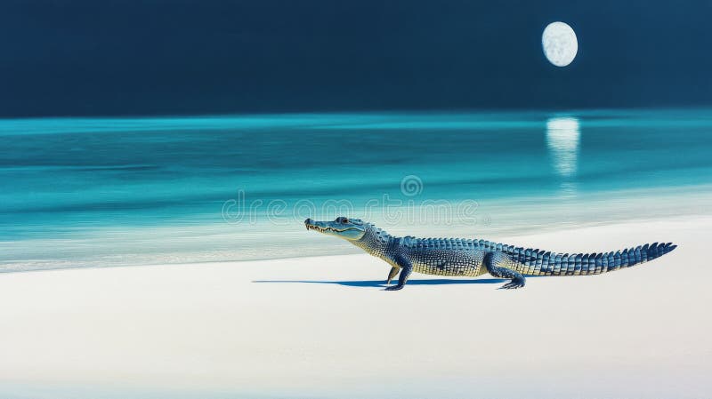 Crocodile on a Moonlit Tropical Beach at Night Stock Illustration ...