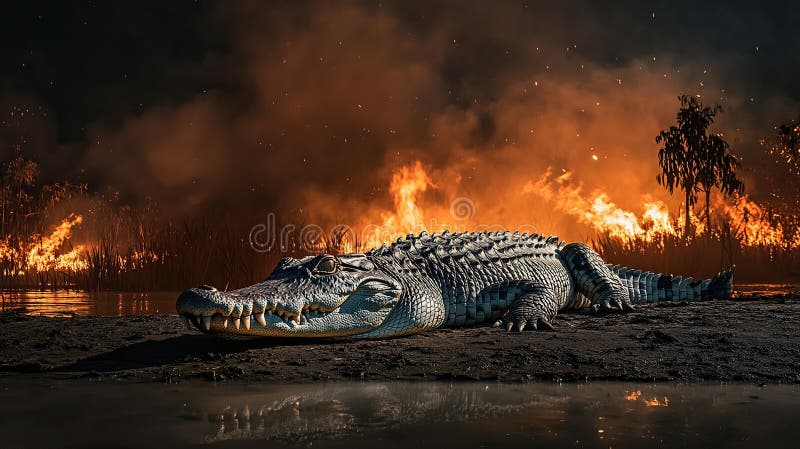 Crocodile at Night by Burning Swamp Stock Image - Image of predator ...