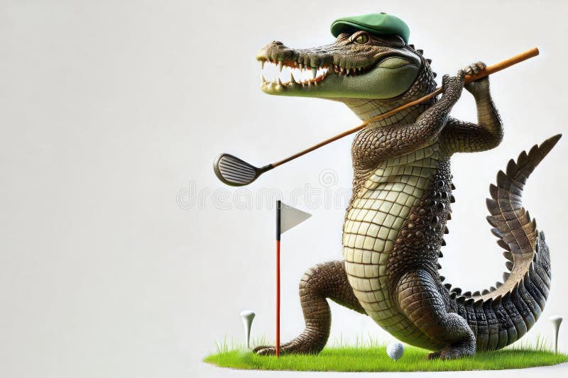 Crocodile Playing Golf on Grass. Space for Text. Stock Photo - Image of ...